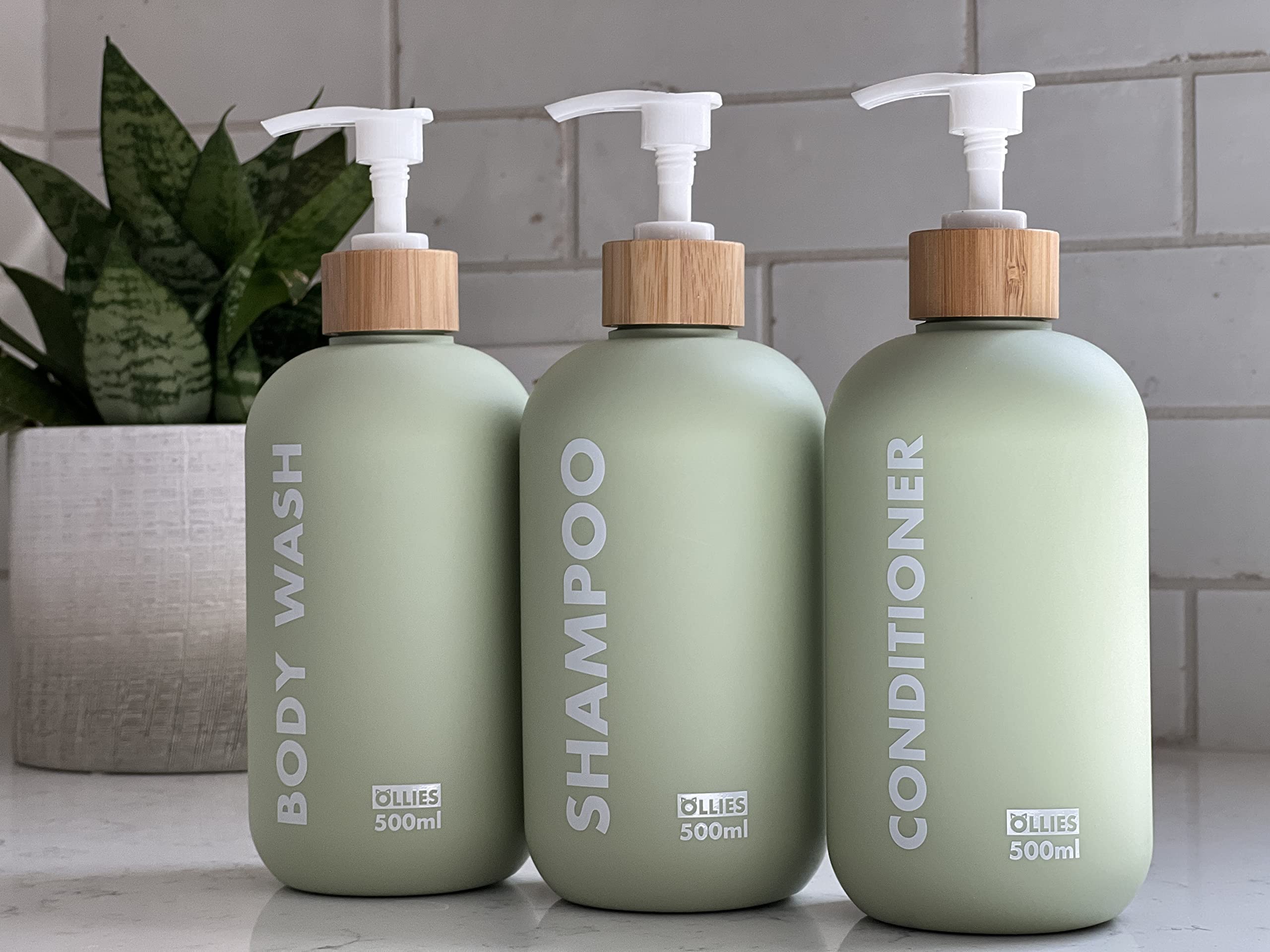 OLLIES Shampoo and Conditioner Dispenser, Shower Soap Dispenser for Bathroom-Set of 3 with Permanent Stylish Label-17oz, 500ml Refillable Shampoo and Conditioner Bottles Green