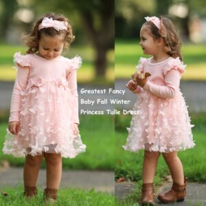 PATPAT Baby Girl Dress Long Sleeve Tutu Dress Infant Girl Tulle Dress Flower Girl Party Birthday Princess Dresses Light Pink 12-18 Months