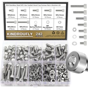 kindroufly 242 pieces m5 x 6/8 /10/12 /16/20 /25mm hex socket head cap screws nuts washers assortment kit, 304 stainless steel, fully machine thread