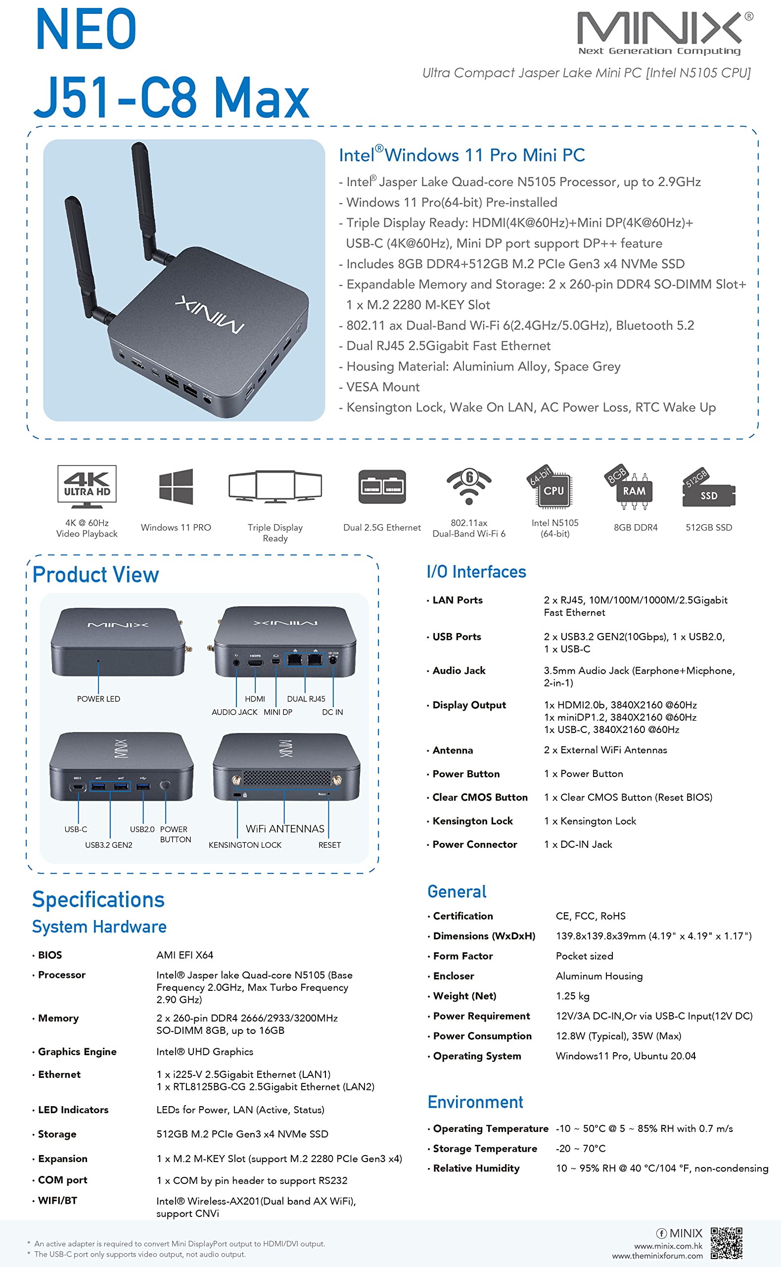 MINIX NEO J51-C8 Max Mini Computer, 8GB/512GB M.2 PCIe NVMe SSD Windows 11 Pro, Aluminum/Wi-Fi6/Dual 2.5GB LAN/USB-C/Triple Display/4K/Auto Power On/PXE Boot/RTC/Vesa Mount