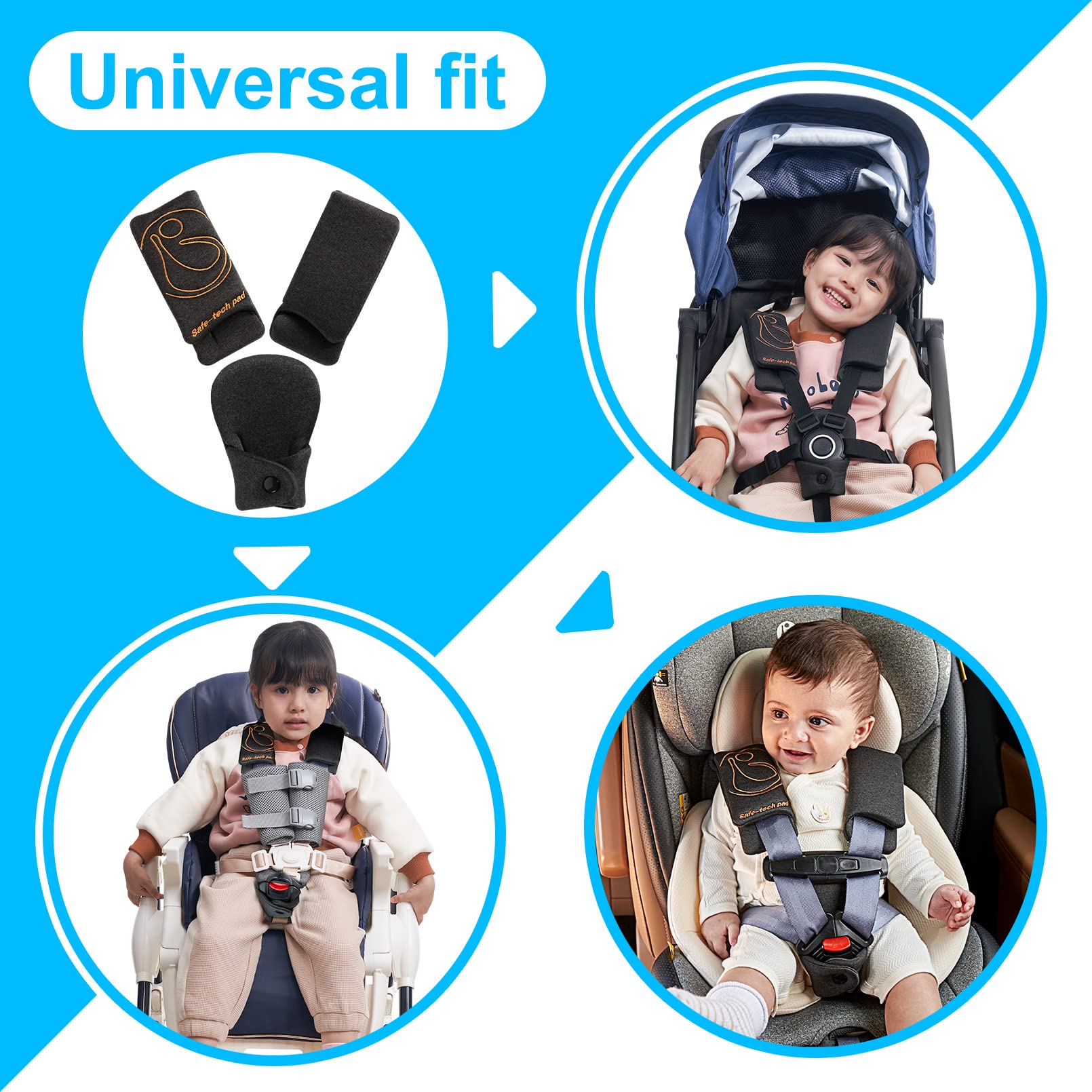 Innokids Car Seat Strap Cover Set for Baby Kids Seat Belt Covers with Crotch Pad Back Anti-Slip Design for Car Seats Pushchair Stroller (Medium (5.9”L), Black Grey)