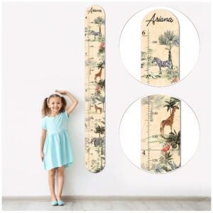 personalized wooden growth chart for kids, boys & girls | custom height measurement wall chart ruler | kids bedroom, playroom, living room, nursery decor (jungle, natural)