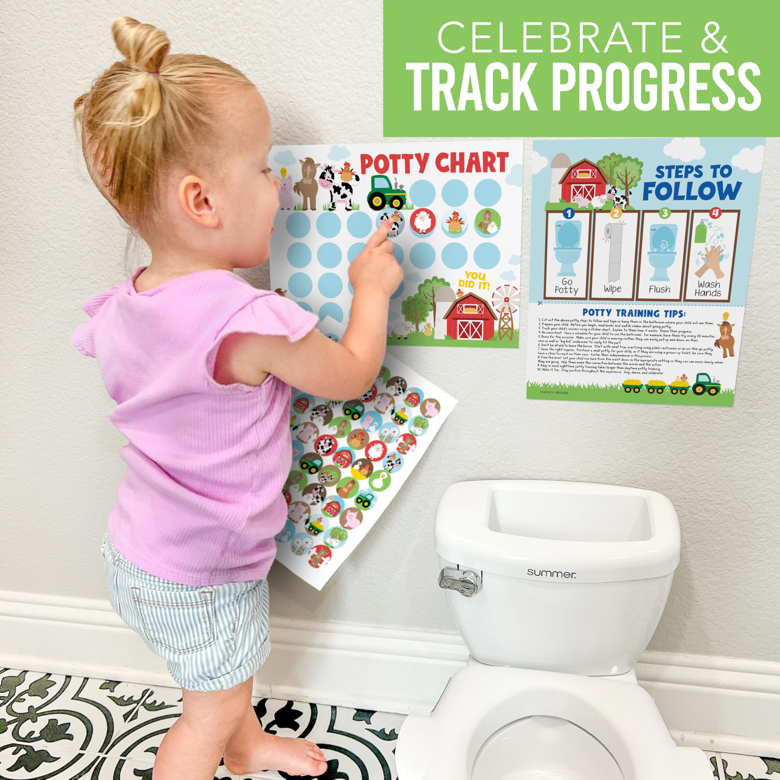 Hadley Designs Farm Animals Sticker Chart for Kids Potty Training Chart for Toddlers Boys - Potty Training Sticker Chart for Girls Potty, Potty Chart for Boys with Stickers