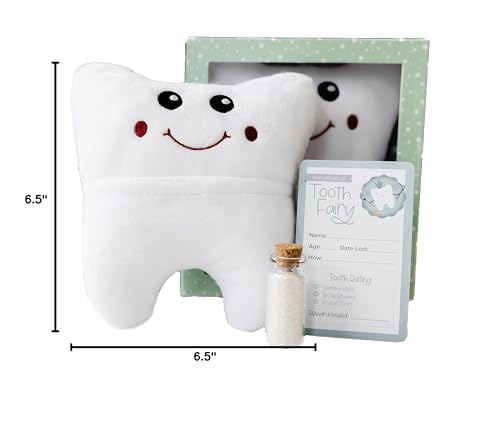 Tooth Fairy Pillow with Receipts and Magic Fairy Glitter for Boys and Girls, 3 Piece Set with Hanging Option, Toothfairy Kit Keepsake Gift