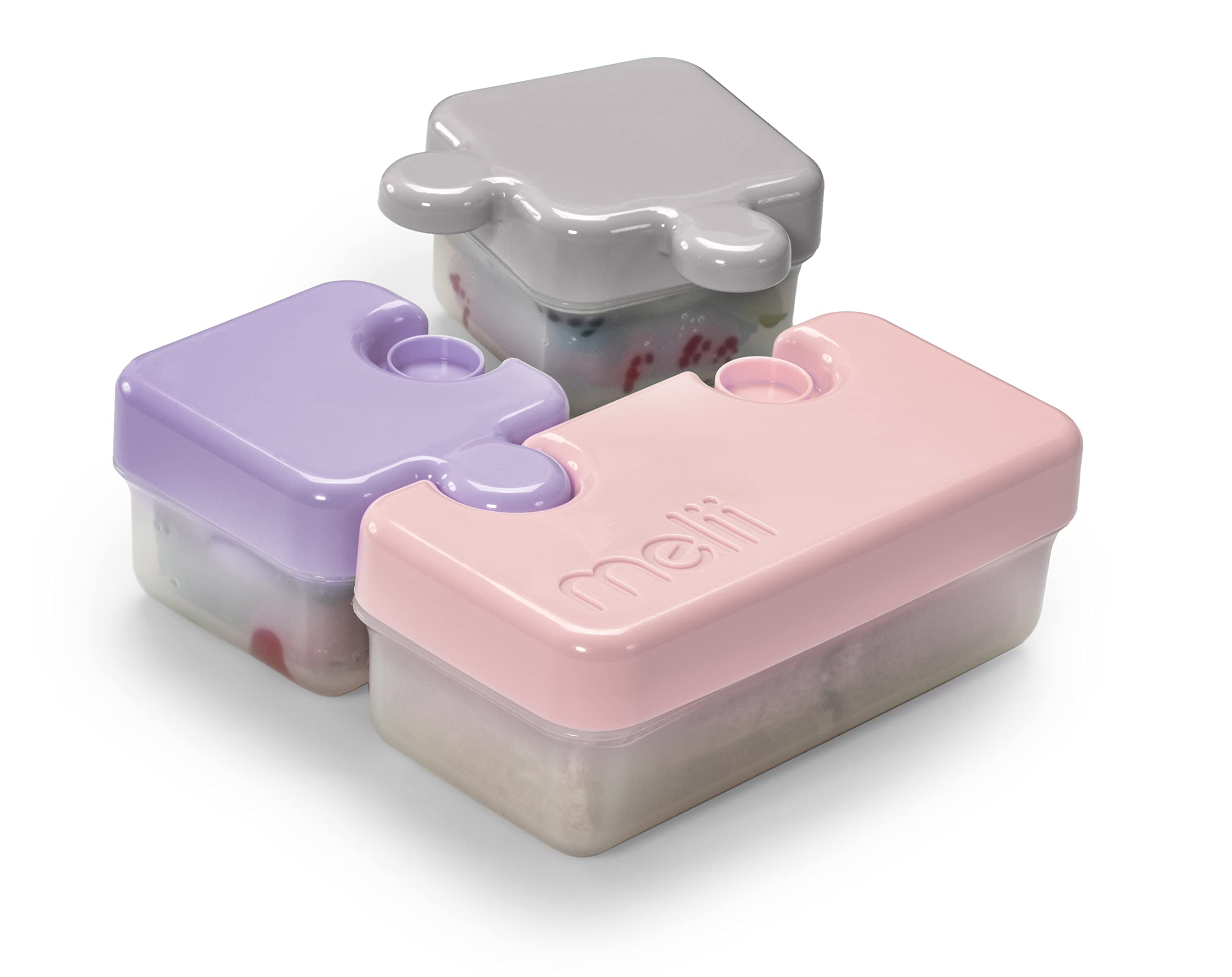 melii Puzzle Bento Box Food Storage Container, 3 Compartments, 28.6 Ounce (Pink, Purple & Grey)