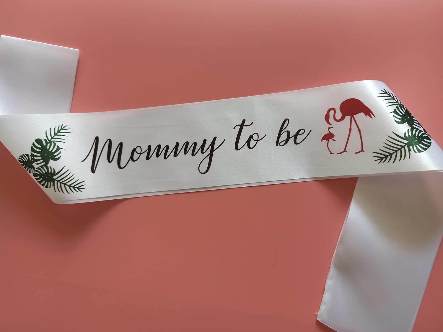 Mommy to Be Sash for Baby Shower - Flamingo and Palm leaf Sash for New Mom -Gift Ideal for Gender Reveal, Pregnancy Announcement, Welcome Baby,Pink or Blue Party Decorations