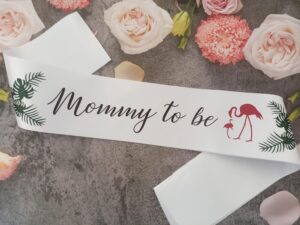 mommy to be sash for baby shower - flamingo and palm leaf sash for new mom -gift ideal for gender reveal, pregnancy announcement, welcome baby,pink or blue party decorations