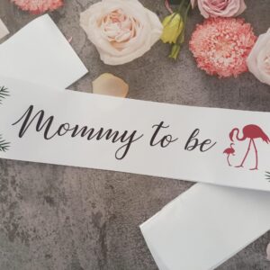 Mommy to Be Sash for Baby Shower - Flamingo and Palm leaf Sash for New Mom -Gift Ideal for Gender Reveal, Pregnancy Announcement, Welcome Baby,Pink or Blue Party Decorations