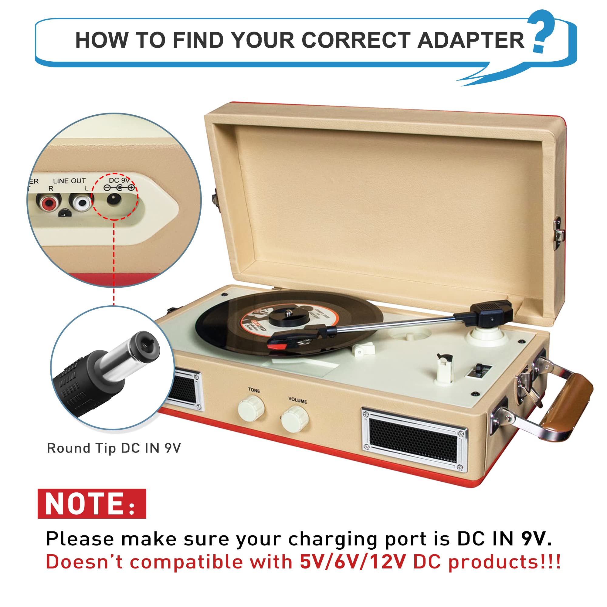 PwrON 9V AC Adapter Replacement for Crosley Cruiser Portable Turntable Record Player CR8005A CR8005A-BK CR8005A-BL CR8005A-GR CR8005A-OR CR8005A-PI CR8005A-TP CR8005A-TU CR8005A-TW Power Supply Cord