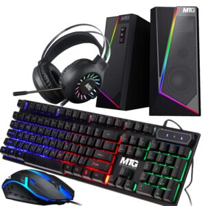 mtg rgb backlit mechanical wired gaming keyboard and mouse, full anti-ghosting keys and rgb stereo speaker with 6 colorful led modes with rgb headphone for desktop pc laptop combo