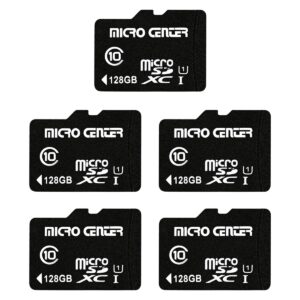 micro center 128gb class 10 microsdxc flash memory card with adapter for mobile device storage phone, tablet, drone & full hd video recording - 80mb/s uhs-i, c10, u1 (5 pack)