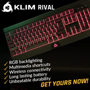 KLIM Rival Wireless Gaming Keyboard RGB US Layout + Slim, Durable, Ergonomic, Quiet, Silent Soft Sound Keys, 25 Anti-Ghosting + RGB Backlit Wireless Black (Renewed)