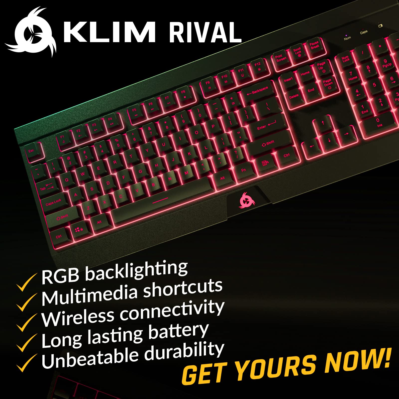 KLIM Rival Wireless Gaming Keyboard RGB US Layout + Slim, Durable, Ergonomic, Quiet, Silent Soft Sound Keys, 25 Anti-Ghosting + RGB Backlit Wireless Black (Renewed)