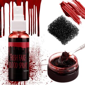 fake blood spray splatter + fake scabs coagulated blood gel + stipple sponge, washable fake blood for clothes eyes face skin, fake blood makeup kit for halloween vampire, zombie and sfx wound