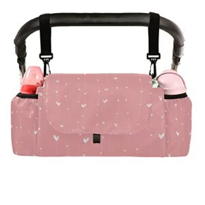 sinestour pink hearts stroller organizer with cup holder universal stroller organizer bag detachable shoulder strap stroller accessories for diaper toys phone keys fit all baby stroller