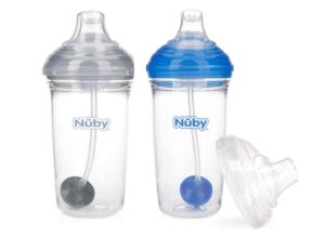 nuby tritan no-spill trainer cup with silicone spout & 360 weighted straw with hygienic cover, 2 pack (blue, gray)