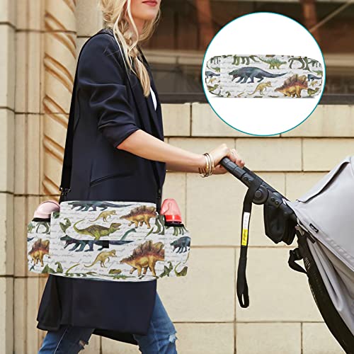 Hand Drawn Dinosaurs Stroller Organizer with Cup Holder Universal Stroller Organizer Bag Detachable Shoulder Strap Stroller Accessories for Diaper Toys Phone Keys Fit All Baby Stroller