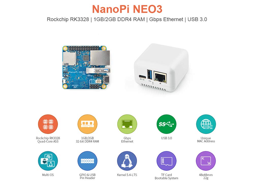 WayPonDEV NanoPi NEO3 Mini Router Single Board Computer Rockchip RK3328 1GB Super Tiny ARM Board for IOT Smart Home Gateway (with Unique MAC Address) Support FriendlyWrt Ubuntu Core