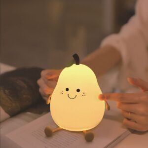 emcgicc 7 colors cute led pear-shaped fruit night light, silicone decompression clap light with rechargeable lithium battery, colorful light color for children's rooms babies bedside lamp (pear)