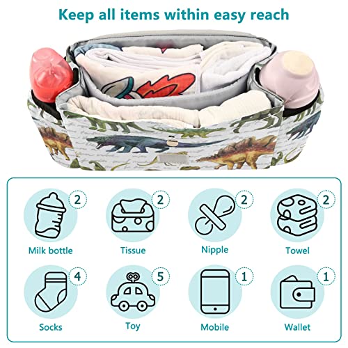 Hand Drawn Dinosaurs Stroller Organizer with Cup Holder Universal Stroller Organizer Bag Detachable Shoulder Strap Stroller Accessories for Diaper Toys Phone Keys Fit All Baby Stroller