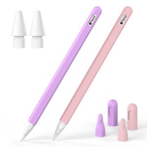 laviitp 2 pack case for apple pencil pro & 2nd generation: protective cover sleeve for ipencil pro 2024- silicone grip skin accessories for ipad pencil w/ 2 pencil tips 4 nibs cover, pink+purple