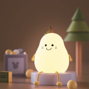 Emcgicc 7 Colors Cute LED Pear-Shaped Fruit Night Light, Silicone Decompression Clap Light with Rechargeable Lithium Battery, Colorful Light Color for Children's Rooms Babies Bedside Lamp (Pear)