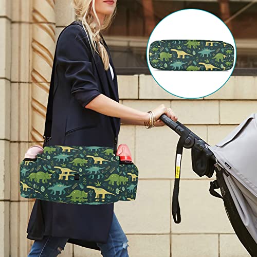 Sinestour Cute Green Dinosaur Stroller Organizer with Cup Holder Universal Stroller Organizer Bag Detachable Shoulder Strap Stroller Accessories for Diaper Toys Phone Keys Fit All Baby Stroller