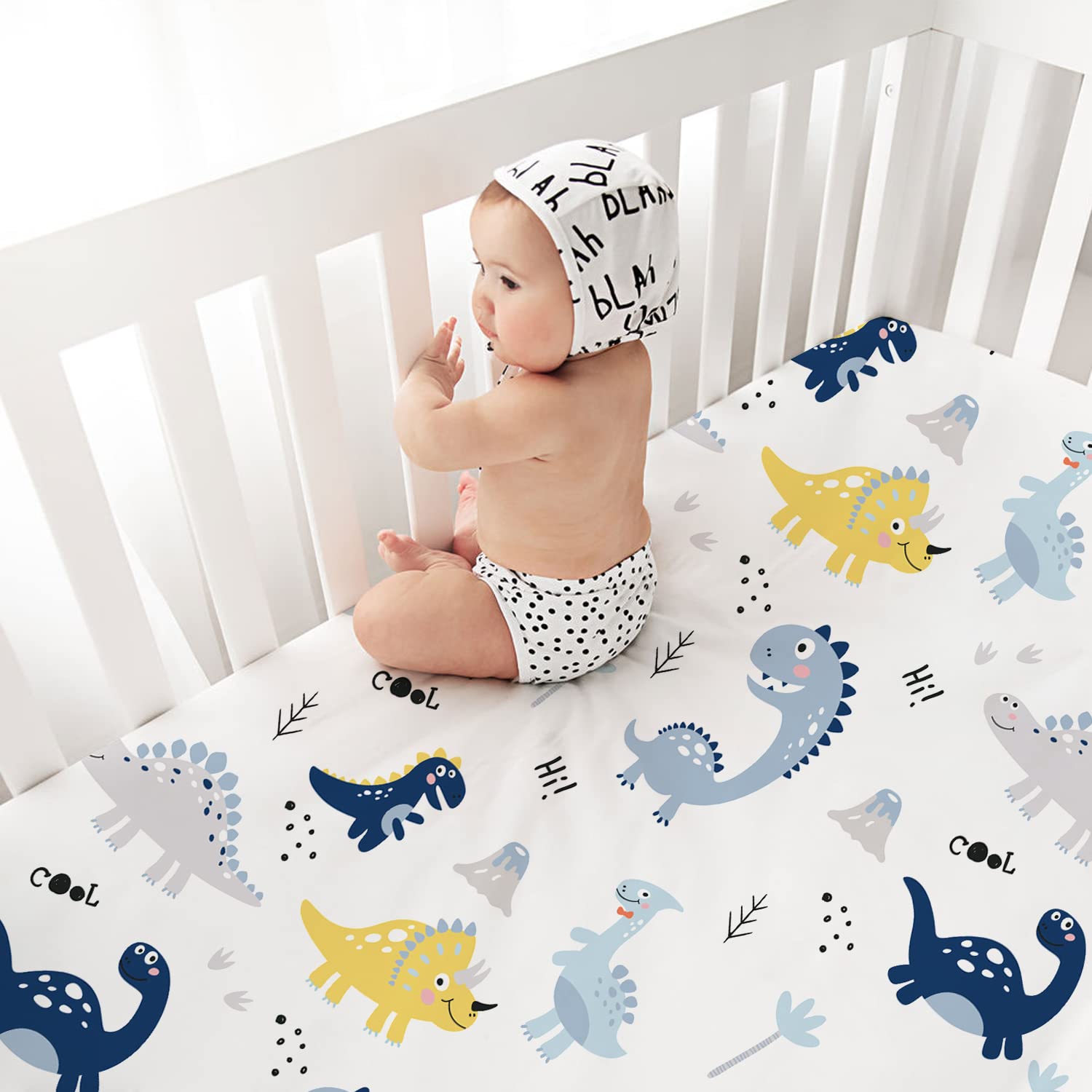 Plushii Crib Sheets for Baby Boys 3 Pack, 28"x 52" Extra Soft Microfiber Crib Sheet Set for Baby Crib Mattress Sheet & Toddler Mattress Pad, Dinosaur & Elephant & Stars