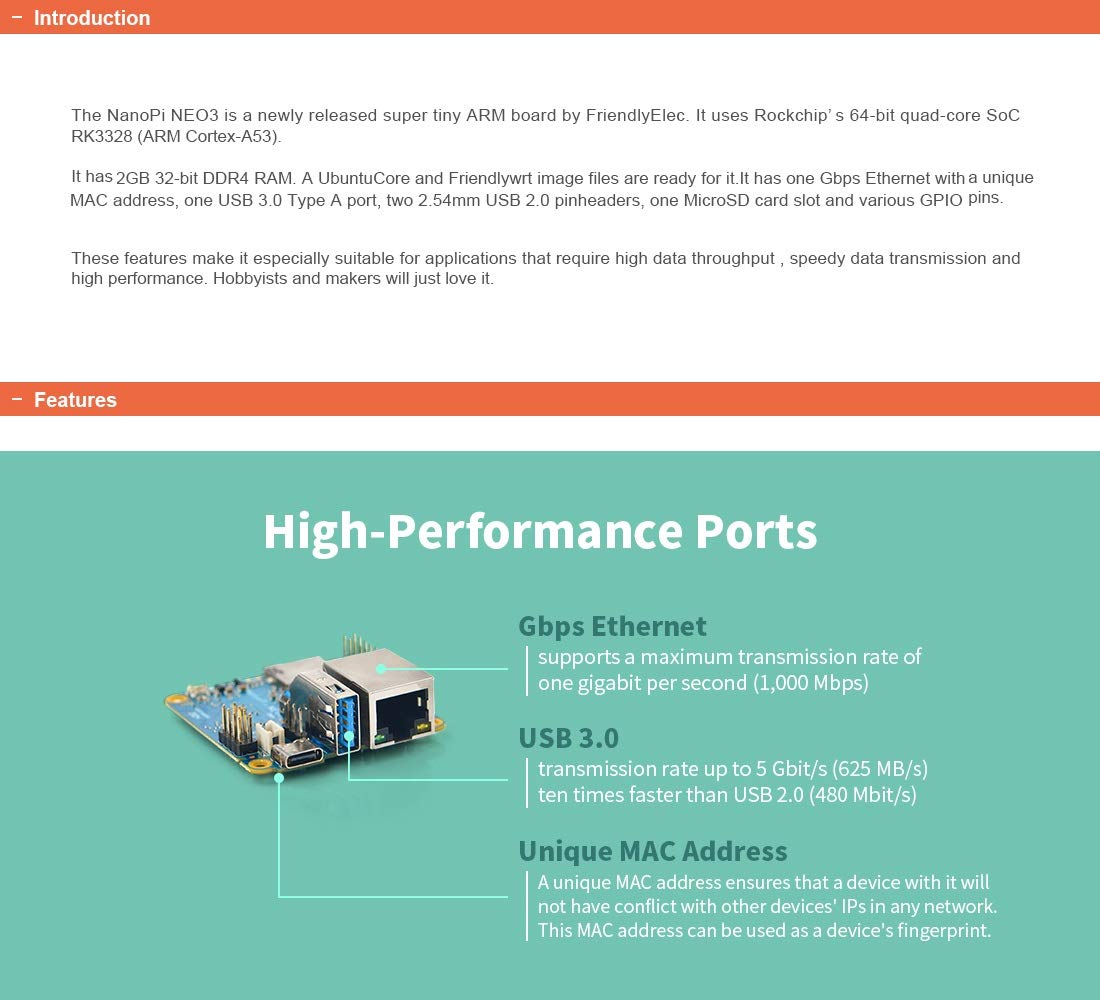 WayPonDEV NanoPi NEO3 Tiny ARM Single Board Computer with 32-bit DDR4 2GB RAM USB3.0 Gbps Ethernet Based in Rockchip RK3328 Soc for IOT Support FriendlyWrt Ubuntu (with Unique MAC Address)