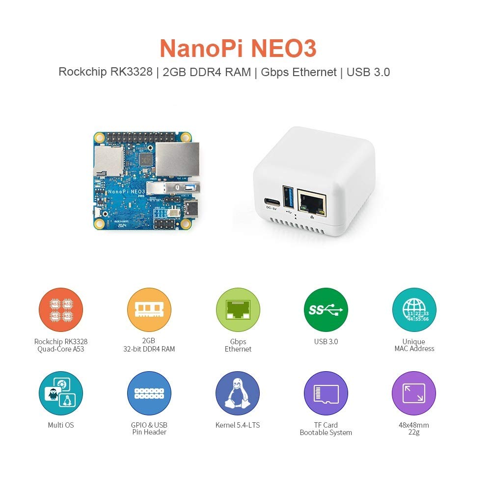 WayPonDEV NanoPi NEO3 Tiny ARM Single Board Computer with 32-bit DDR4 2GB RAM USB3.0 Gbps Ethernet Based in Rockchip RK3328 Soc for IOT Support FriendlyWrt Ubuntu (with Unique MAC Address)