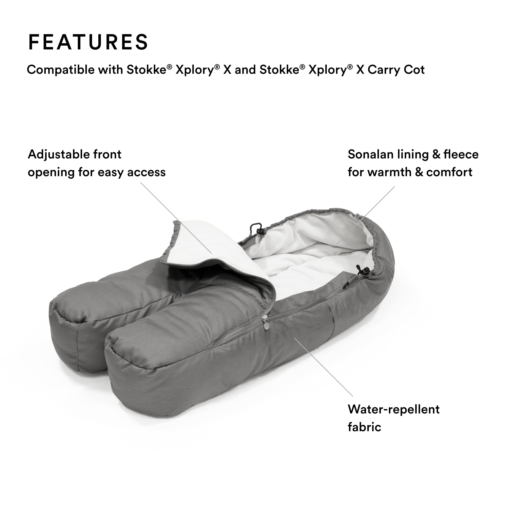 Stokke Xplory X Foot Muff, Modern Grey - Keeps Baby Warm on Cool Weather Strolls - Sonalan Lining & Fleece + Water-Repellent Exterior - Adjustable Front Opening