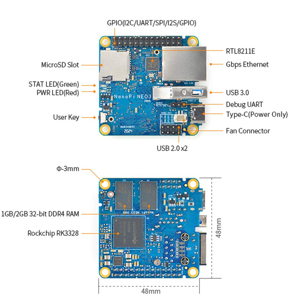 WayPonDEV NanoPi NEO3 Tiny ARM Single Board Computer with 32-bit DDR4 2GB RAM USB3.0 Gbps Ethernet Based in Rockchip RK3328 Soc for IOT Support FriendlyWrt Ubuntu (with Unique MAC Address)