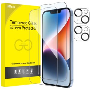 jetech full coverage screen protector for iphone 14 6.1-inch with camera lens protector, tempered glass film, hd clear, 2-pack each