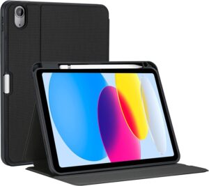 procase smart case for 2022 ipad 10th generation case with pencil holder, slim stand protective folio book cover for ipad 10.9 inch 2022 a2696 a2757 a2777-black