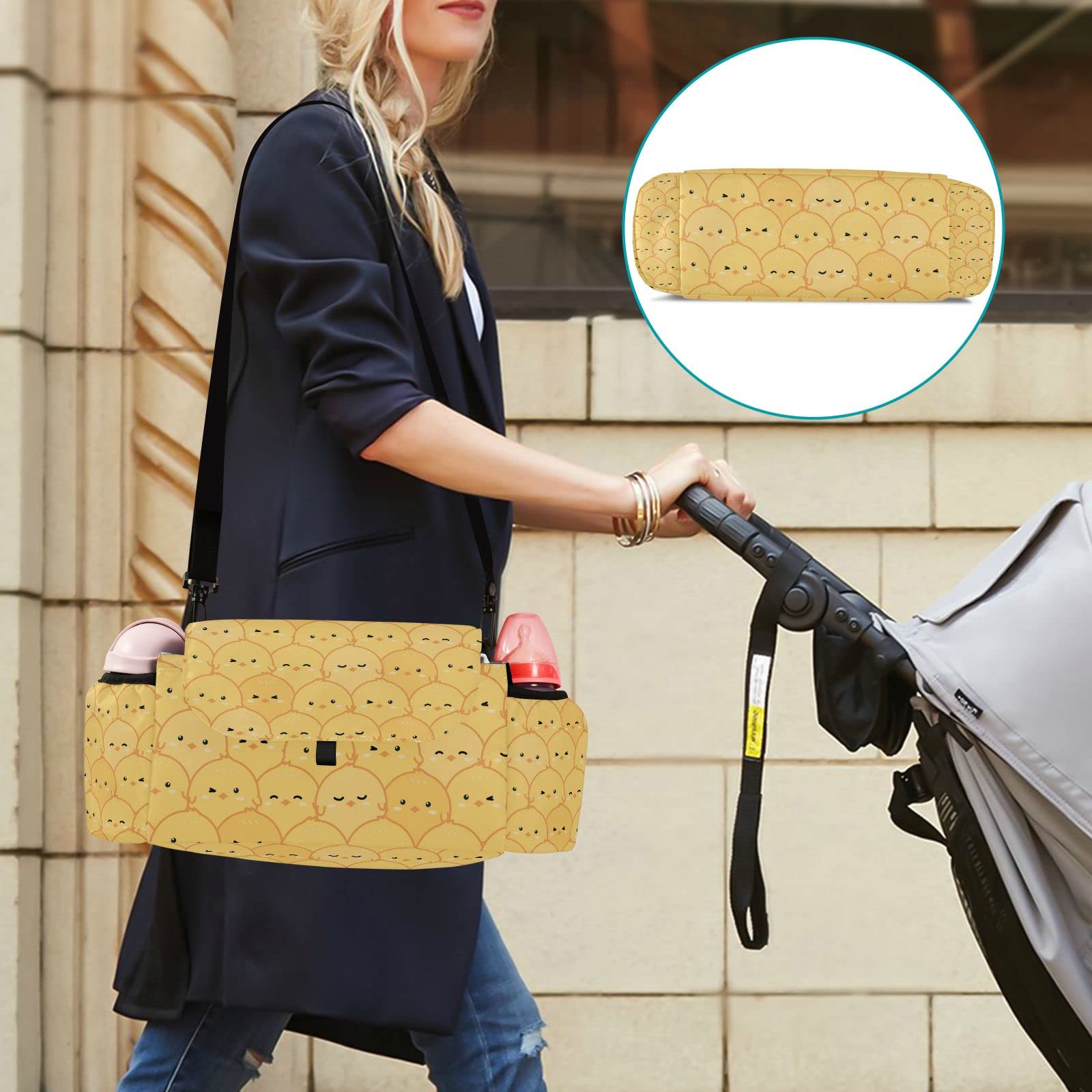 Sinestour Little Yellow Chickens Stroller Organizer with Cup Holder Universal Stroller Organizer Bag Detachable Shoulder Strap Stroller Accessories for Diaper Toys Snacks Keys Fit All Baby Stroller