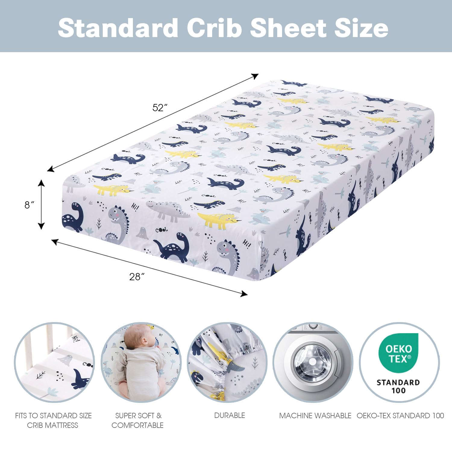 Plushii Crib Sheets for Baby Boys 3 Pack, 28"x 52" Extra Soft Microfiber Crib Sheet Set for Baby Crib Mattress Sheet & Toddler Mattress Pad, Dinosaur & Elephant & Stars