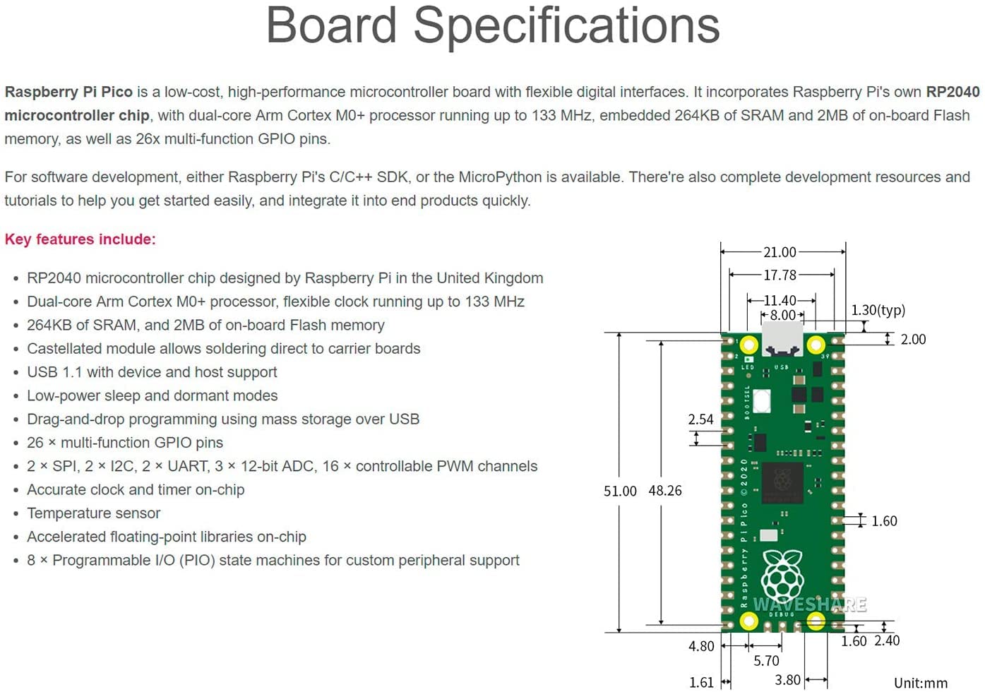 Adeept Raspberry Pi Pico with Pre-Soldered Header and USB Cable, Microcontroller Mini Development Board, Based on Raspberry Pi RP2040 Chip, Dual-Core ARM Cortex M0+ Processor