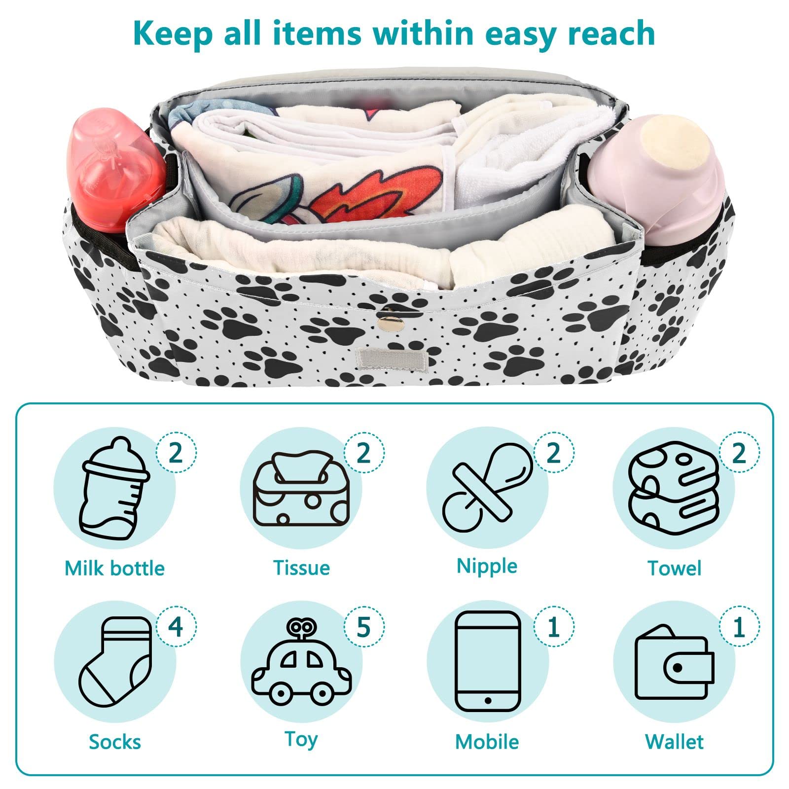 Sinestour Pet Paw Animal Stroller Organizer with Cup Holder Universal Stroller Organizer Bag Detachable Shoulder Strap Stroller Accessories for Diaper Toys Snacks Keys Fit All Baby Stroller