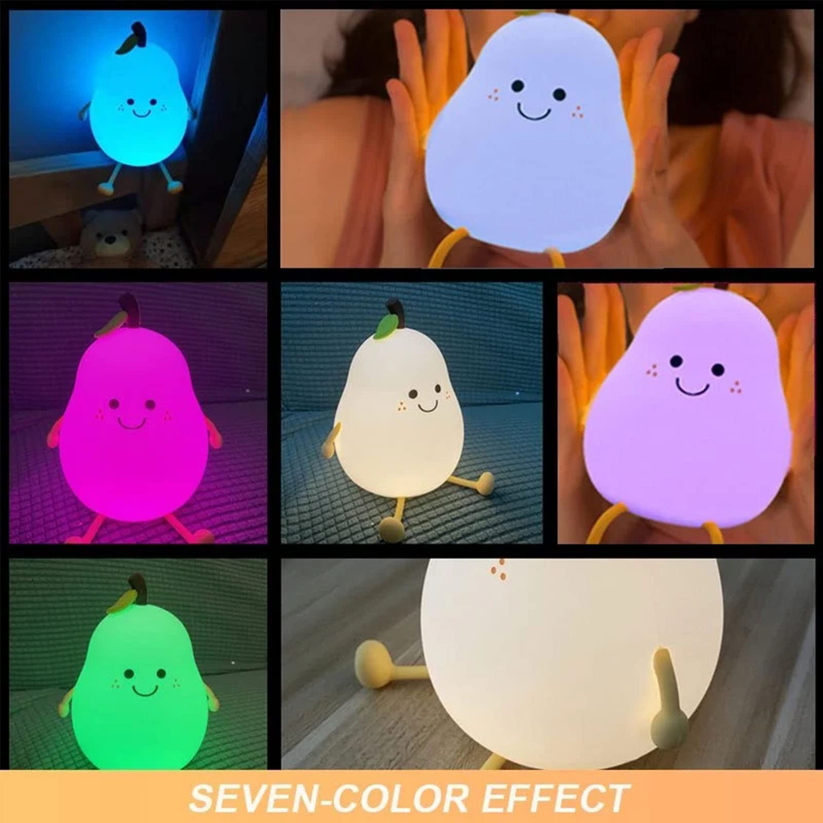 Emcgicc 7 Colors Cute LED Pear-Shaped Fruit Night Light, Silicone Decompression Clap Light with Rechargeable Lithium Battery, Colorful Light Color for Children's Rooms Babies Bedside Lamp (Pear)