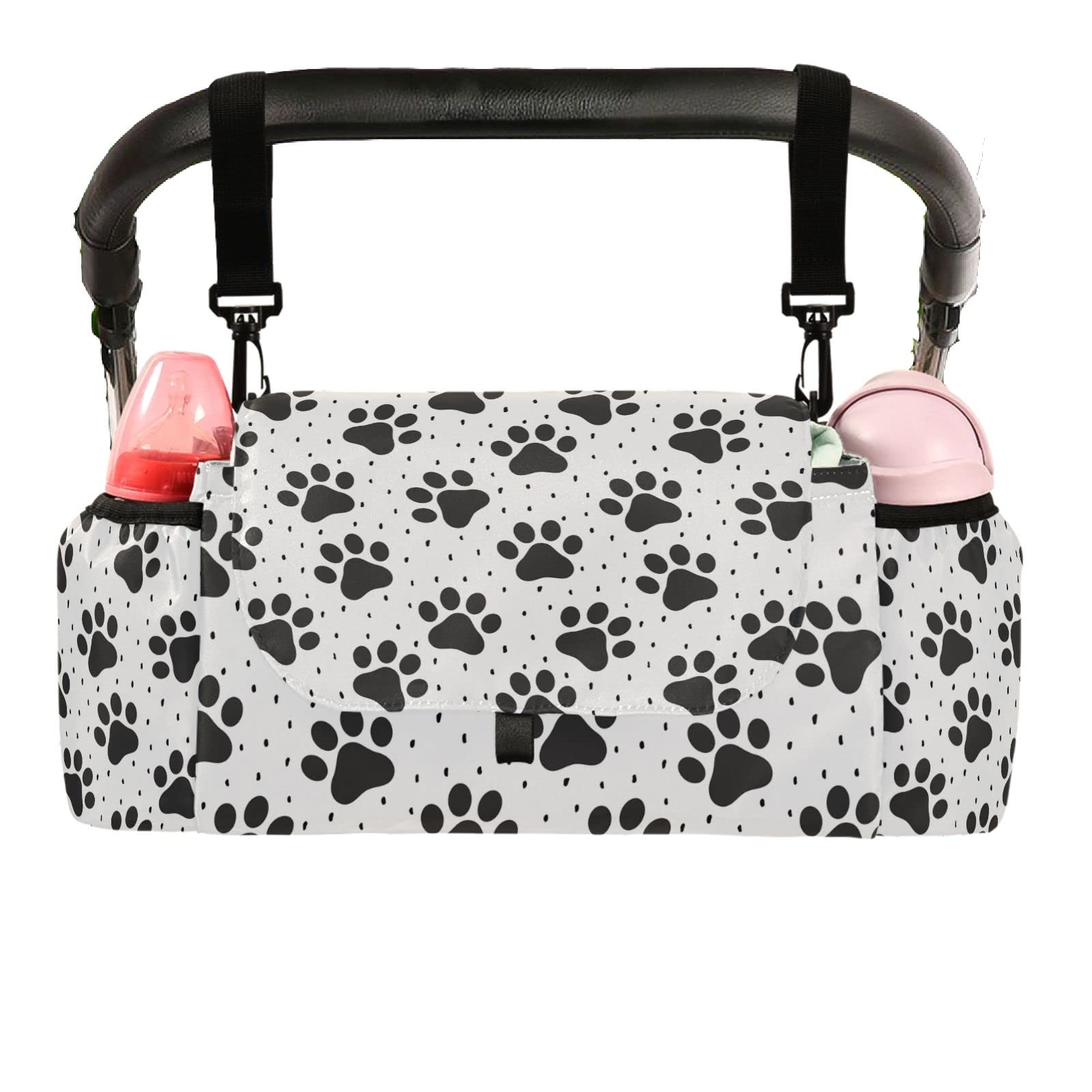 Sinestour Pet Paw Animal Stroller Organizer with Cup Holder Universal Stroller Organizer Bag Detachable Shoulder Strap Stroller Accessories for Diaper Toys Snacks Keys Fit All Baby Stroller