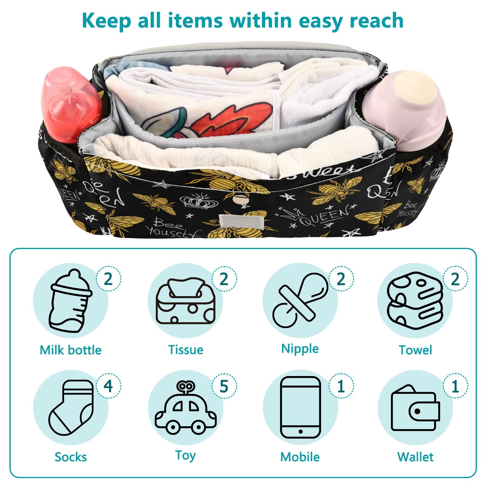 Sinestour Hohey Bee Stroller Organizer with Cup Holder Universal Stroller Organizer Bag Detachable Shoulder Strap Stroller Accessories for Diaper Phone Keys Toys Fit All Baby Stroller