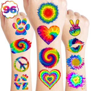 tie dye temporary tattoos birthday themed party supplies decorations favors 8 sheets 96pcs colorful decor cute stickers tattoo for class school prizes gift for kids boys girls carnival rewards