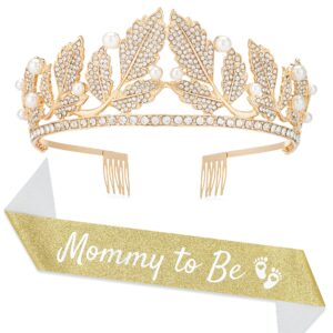 zipoka mommy to be sash for baby shower with crown - premium mom to be sash baby shower - baby shower sash for mommy boy or girl (gold)