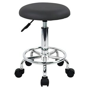 wkwker swivel rolling stool with footrest height adjustable pu leather office stool chair for bedroom shop counter salon vanity spa massage beauty desk small (grey)