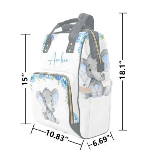 Blue Watercolor Flower Elephant Diaper Bags Backpack with Name Personalized Baby Bag Nursing Nappy Bag Gifts