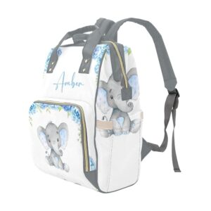 Blue Watercolor Flower Elephant Diaper Bags Backpack with Name Personalized Baby Bag Nursing Nappy Bag Gifts