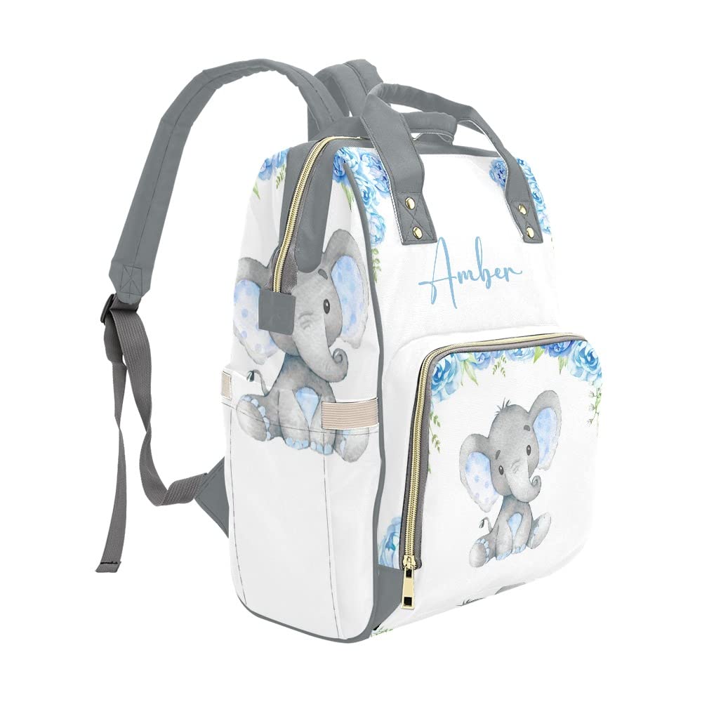 Blue Watercolor Flower Elephant Diaper Bags Backpack with Name Personalized Baby Bag Nursing Nappy Bag Gifts