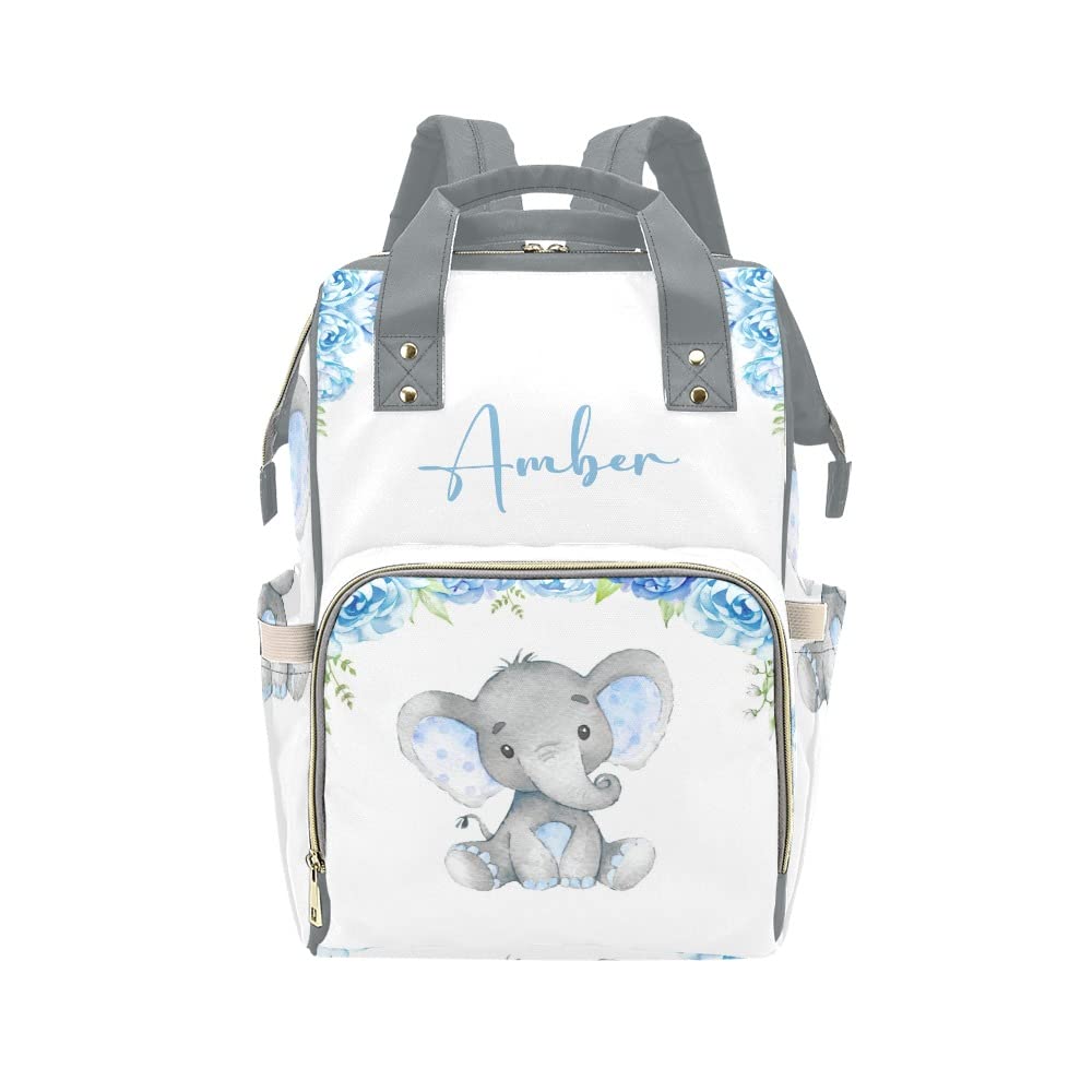 Blue Watercolor Flower Elephant Diaper Bags Backpack with Name Personalized Baby Bag Nursing Nappy Bag Gifts