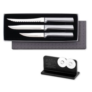 rada cooking essentials knife starter gift 3 piece silver handled set with knife sharpener