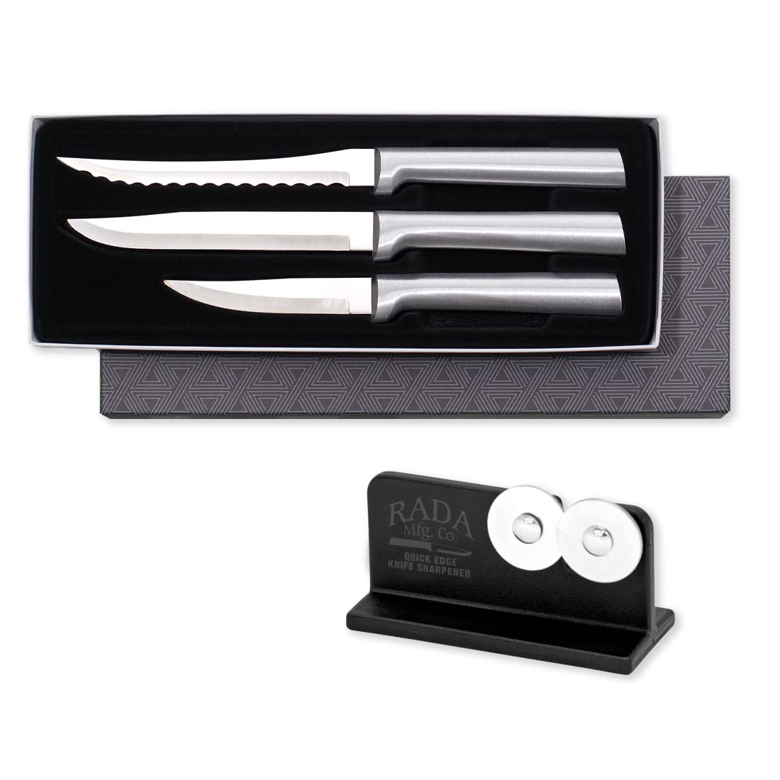 RADA Cooking Essentials Knife Starter Gift 3 Piece Silver Handled Set With Knife Sharpener